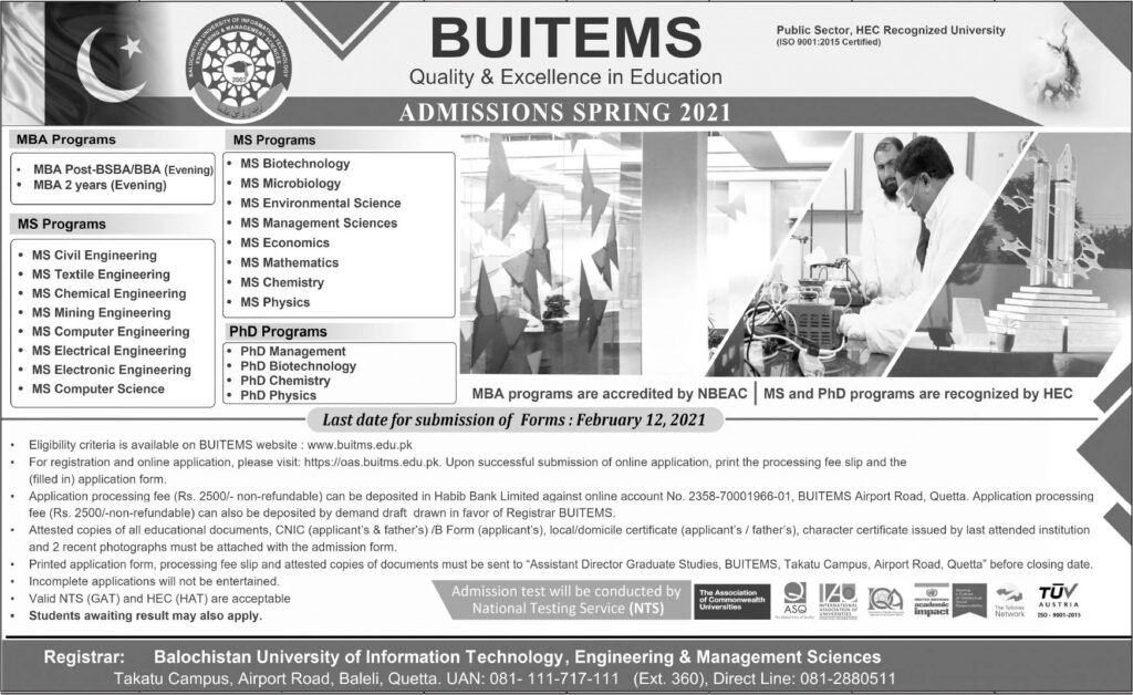 BUITEMS Admissions Spring 2021 - Balochistan Jobs