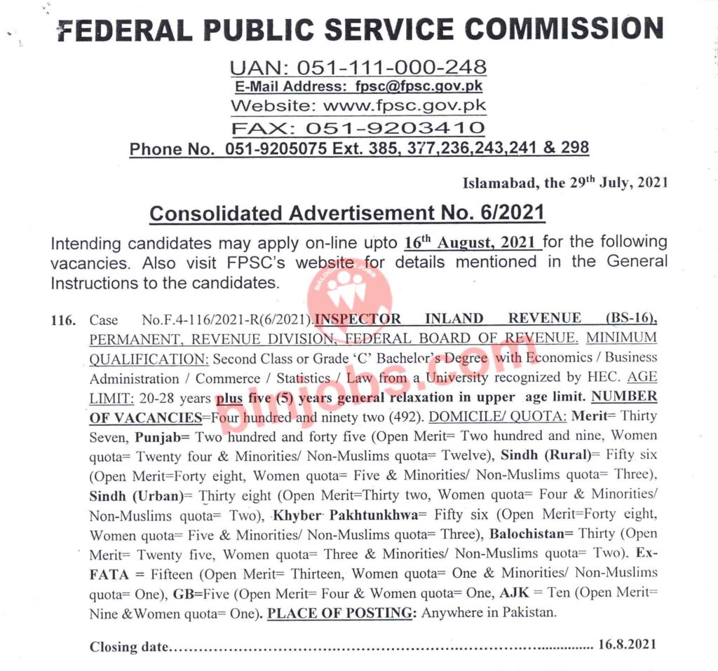 FBR Inspector Inland Revenue Jobs 2021 Apply Online Via FPSC ...