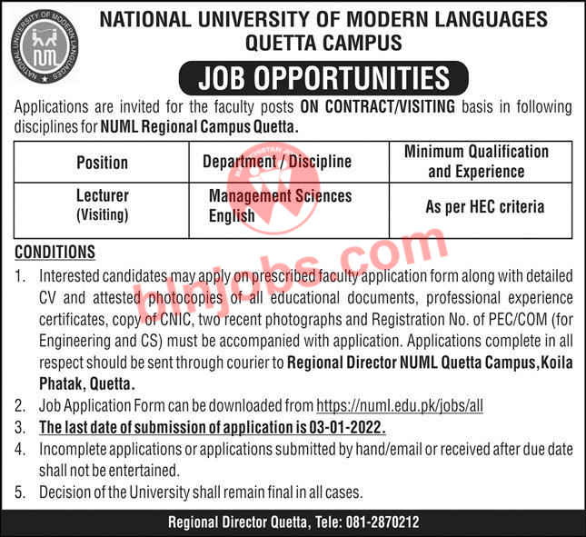 NUML Balochistan Campus Quetta Jobs 2022 - Balochistan Jobs