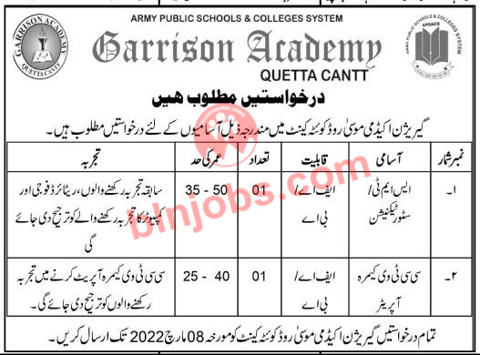 Garrison Academy Quetta Cantt Jobs 2022 - Balochistan Jobs
