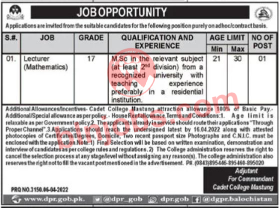 Math Lecturer Jobs In Cadet College Mastung 2022 Balochistan Jobs Math Lecturer Jobs In Cadet College Mastung 2022 Balochistan Jobs