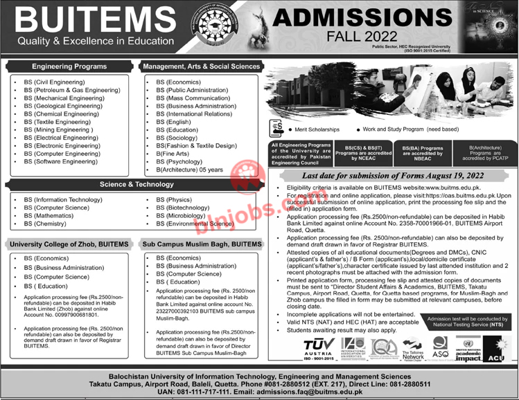 BUITEMS Quetta Admission 2022 - Balochistan Jobs