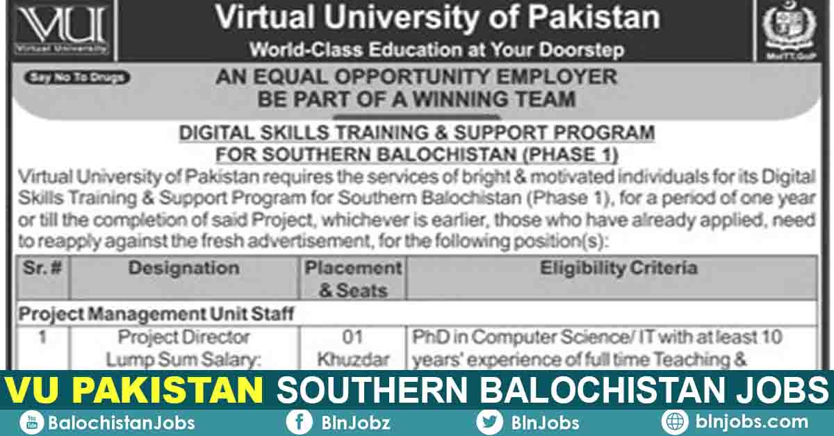 Virtual University Of Pakistan VU Jobs 2022 – Southern Balochistan ...