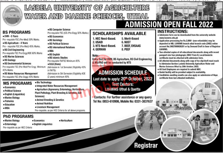 Lasbela University LUAWMS Uthal Admissions 2022 - Balochistan Jobs
