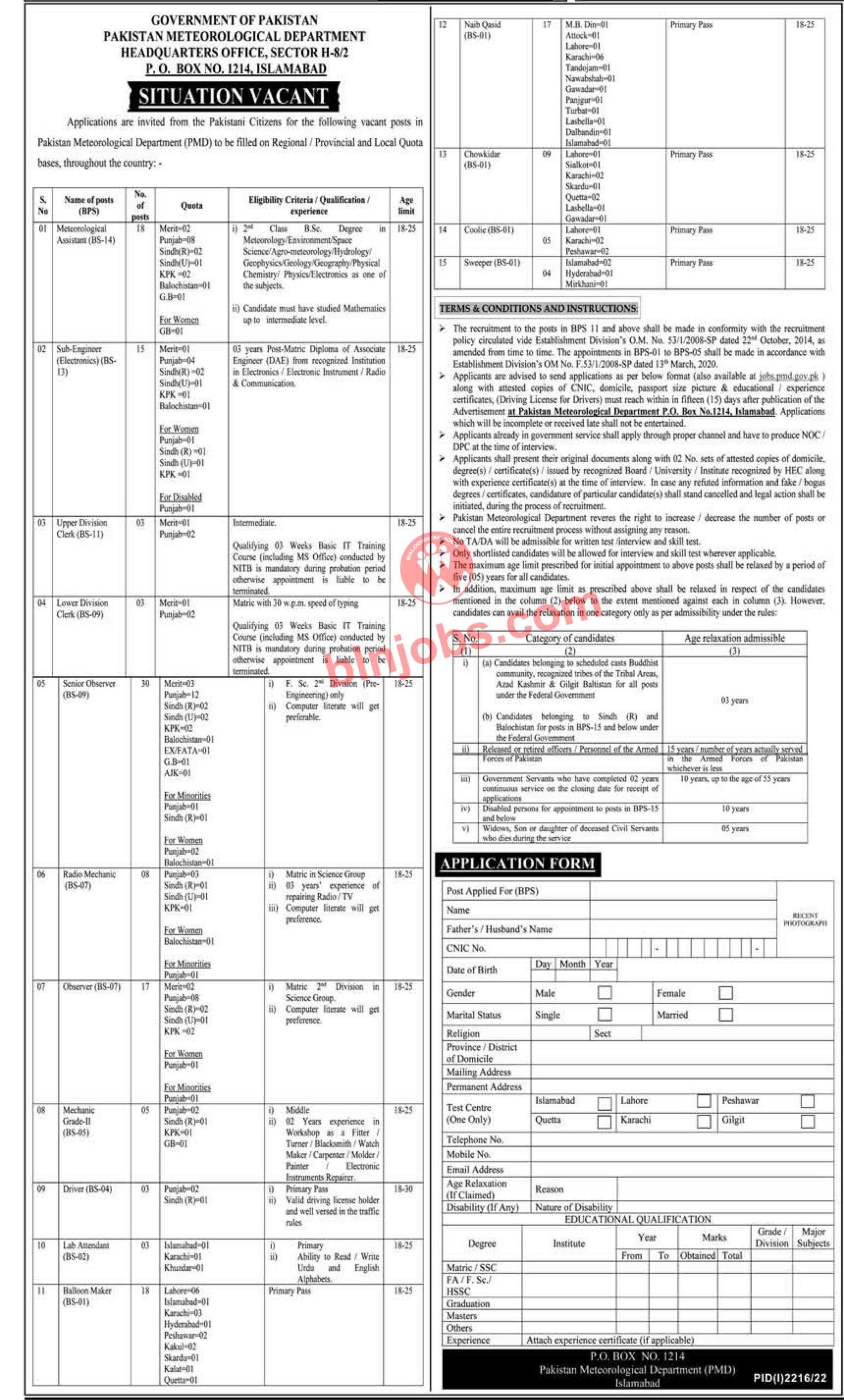 Pakistan Meteorological Department PMD Jobs 2022 - Balochistan Jobs
