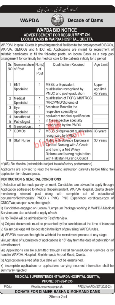 WAPDA Hospital Quetta Jobs 2023 - Balochistan Jobs