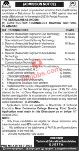 Technical Education Balochistan Quetta Admissions 2023 - Balochistan Jobs