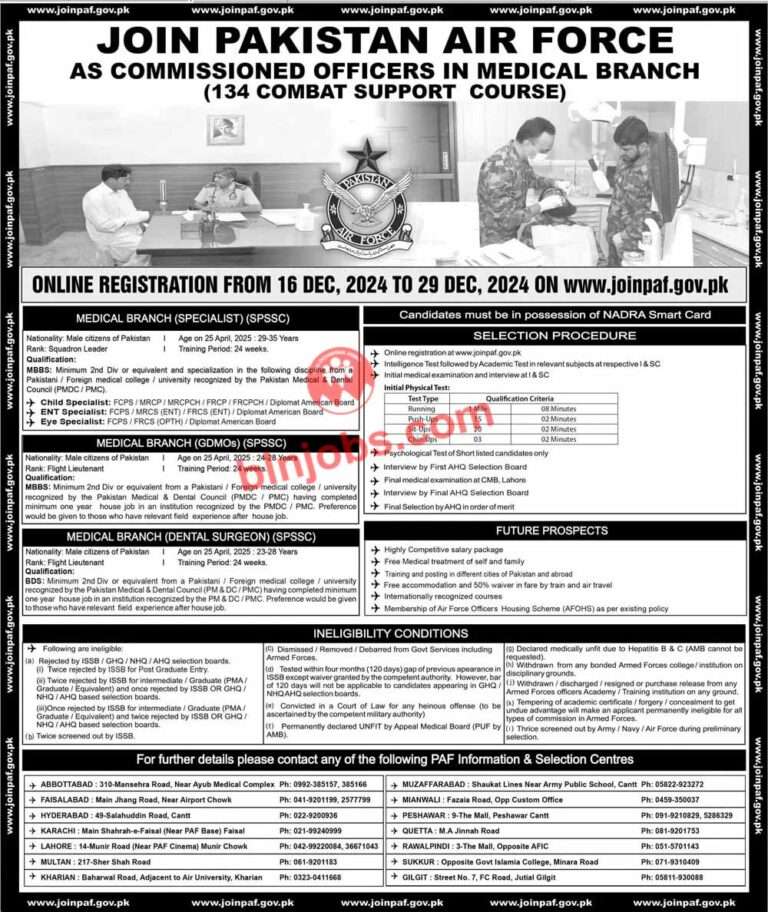 Pakistan Air Force PAF Jobs 2024 As Commissioned Officer Medical Branch ...