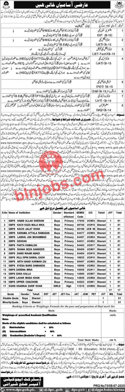 Education Department Sherani Jobs 2025 - Balochistan Jobs