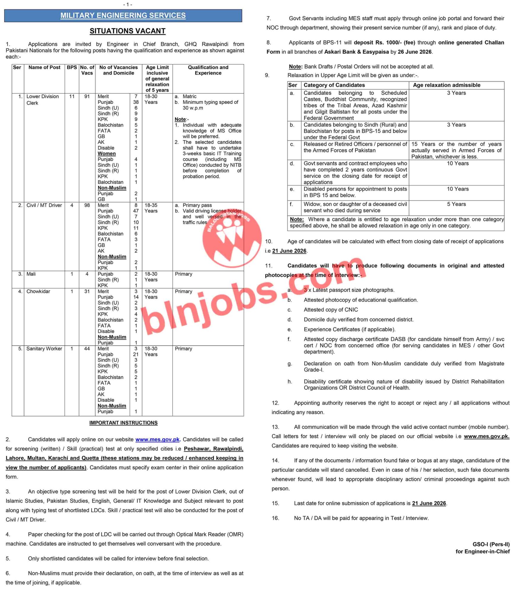 Military Engineering Services MES Pakistan Jobs 2026 - Balochistan ...