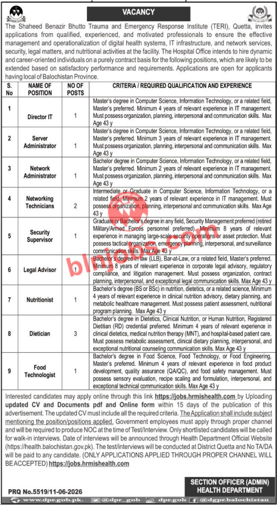 Shaheed Benazir Bhutto Trauma And Emergency Response Institute TERI ...